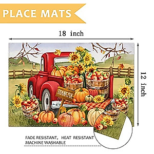 Fall Pumpkin Placemats for Dining Table, 12 x 18 Inch Farm Apples Sunflower Truck Autumn Thanksgiving Seasonal Holiday Decoration Rustic Washable Table Mats Set of 4