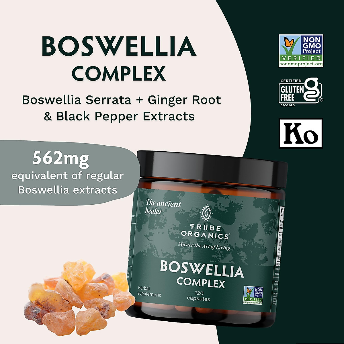 TRIBE ORGANICS Boswellia Serrata Complex Supplement for Joint Support, Muscle Relief - Vegetarian Non-GMO 120 Capsules, High Potency - Boswellin Super with Ginger Extract & Black Pepper - 420mg