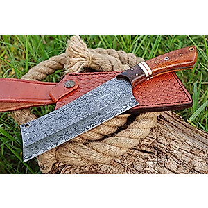 Damascus Meat Cleaver Knife, Damascus Steel Chef Knife & Butcher Knife - Multipurpose Sharp Knife, Vegetable Cleaver & Meat Cleavers, Kitchen Knife for Meat with Rose Wood Handle & Knife Sheath