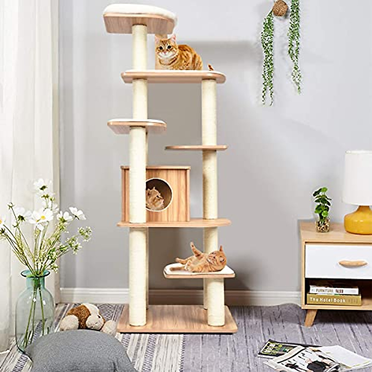 Tangkula Modern Wood Cat Tree, 69-Inch Cat Tower with Multi-Layer Platform, Tall Cat Tree with Sisal Rope Scratching Posts, Cat Condo Furniture w/Washable Plush Cushions for Large Cats Kittens