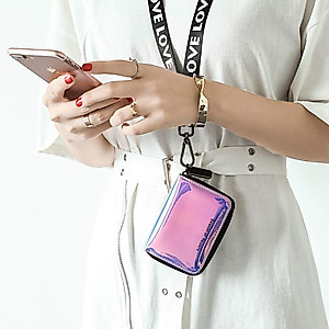 Women Small Neck Wallet Mini Credit Card Holder With Detachable Neck Lanyard Zipper Card Case Holographic Mini Coin Purse Travel Lanyard Wallet