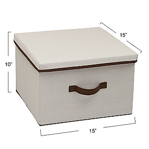 Household Essentials Square KD Storage Box With Lid, 15”x15”x10”, Breathable Canvas Sides With Sturdy Sides, Natural with Brown Trim