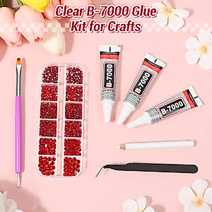 Audab Red Rhinestone with B7000 Adhesive Glue for Craft, 2100Pcs Flat Back Rhinestones Crystal Gems with Dotting Tools Clear Craft Glue for Clothes Fabric Shoes Jewelry Making Nail Art Makeup