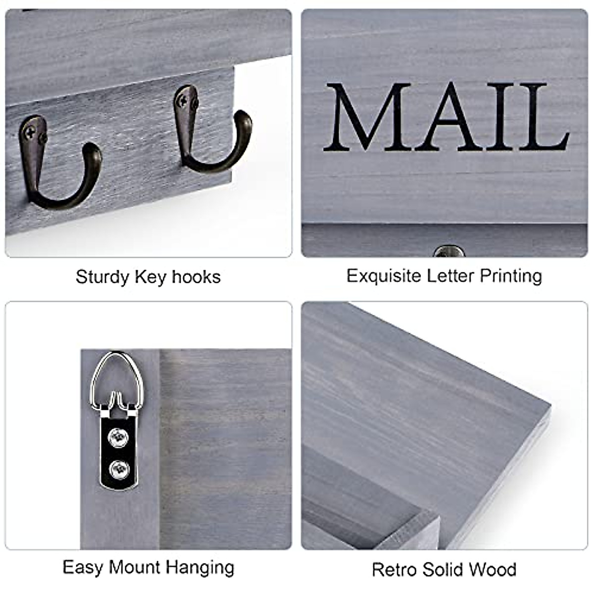 DLQuarts Mail Organizer with Key Holder for Wall Decorative Mail Sorter Wall Mounted, Wooden Mail Holder with 3 Hooks, Gray