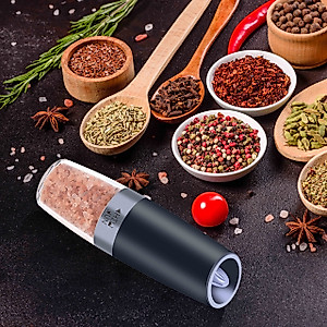 Gravity Salt and Pepper Grinder Set with Adjustable Coarseness Automatic Pepper and Salt Mill Set Battery Powered with Blue LED Light,One Hand Operated,Brushed Stainless Steel by CHEW FUN