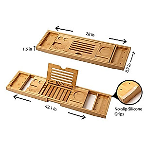 Bathtub Caddy Tray for Bath- Bamboo Adjustable Bathtub Caddy Tray- Free Body Brush- Suitable for Luxury Spa or Reading- Shower Tray - Bathroom Tray Organizer - Accessories for Bathroom