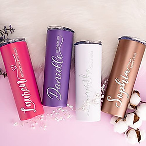Bridesmaid Gifts Set of 5, Personalized Bridesmaid Tumbler W/ Name and Title, - 8 Vivid Colors, 5 Designs - 20 Oz Engraved Skinny Tumbler W/ Straw Set, Bridal Shower Gift, Bridesmaid Proposal Gifts