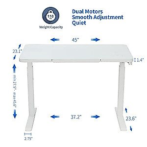 FARRAY Glass Standing Desk with Wireless Charging, 45 x 23 Inch Dual Motor Electric Height Adjustable Desk with Drawer, Touch Control Panel, Power Strip & USB Ports, White Sit Stand Desk