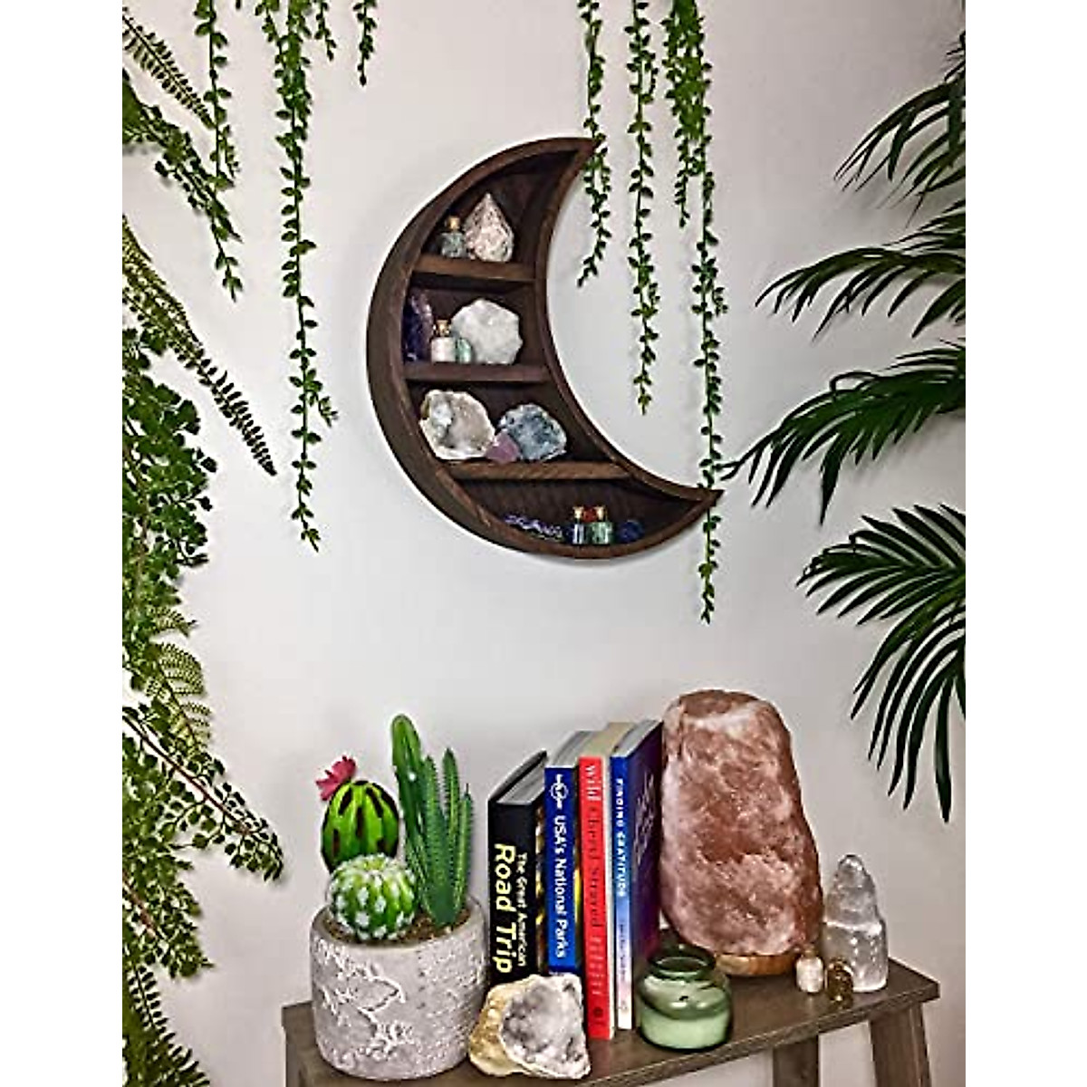 Maduxy Wooden Crescent Moon Shelf - Moon Wall Decor Crystal Display Shelf, Rustic Boho Decor, Unique Shape Moon Phase Shelves for Crystals and Stones