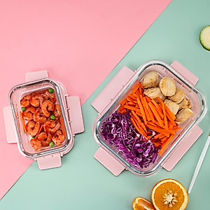 HAKEEMI Glass Meal Prep Containers 10 Pack, Glass Food Storage Containers with Snap Locking Lids Airtight Built in Air Vents, Glass Containers for Lunch, Microwave/Dishwasher Safe, Pink