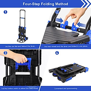 2 in 1 Folding Hand Truck with Folding Basket, 330lbs Heavy Duty Hand Truck Dolly, Portable Moving Dolly Foldable Hand Truck with Retractable Handle, Dolly Cart with Wheels for Market Warehouse (Blue)