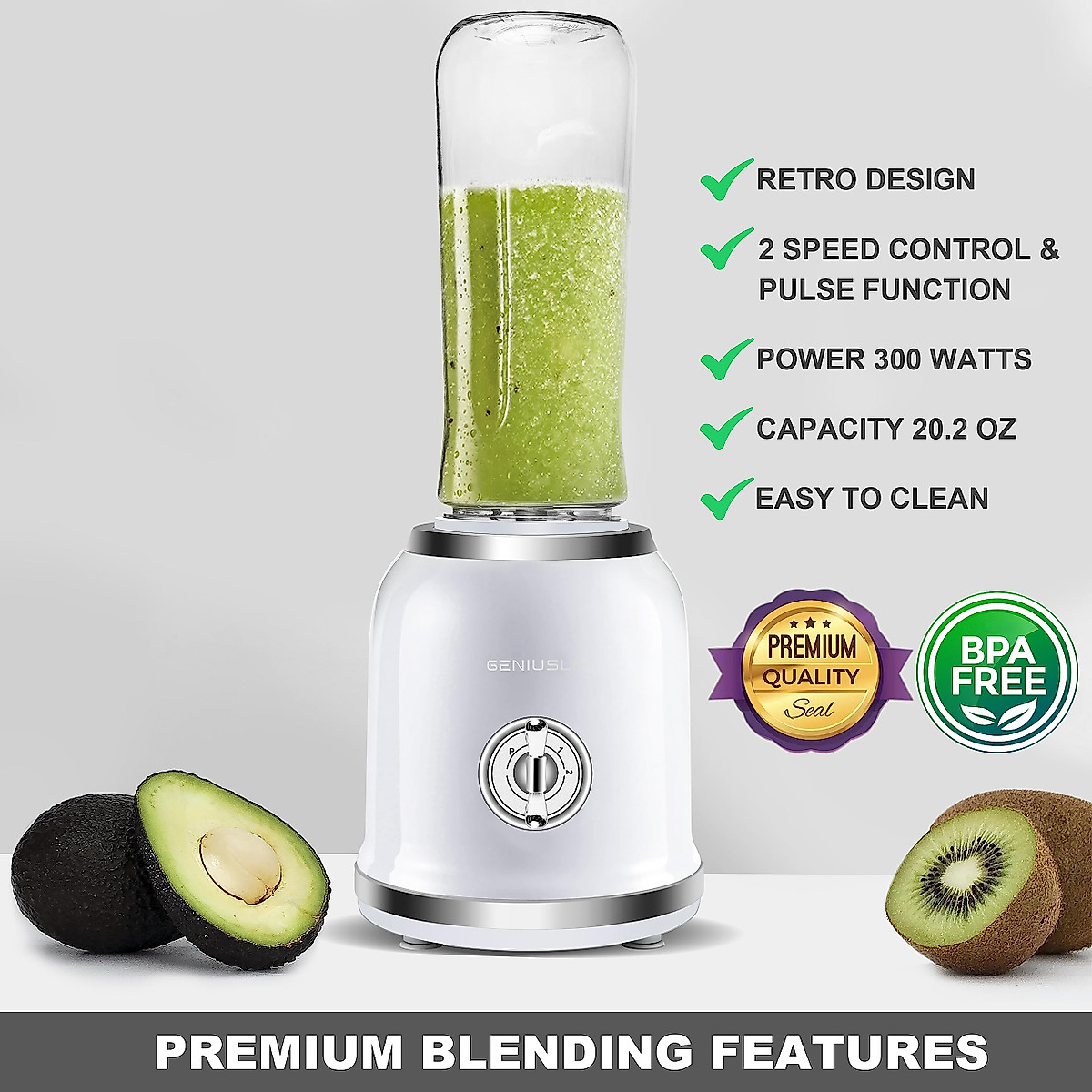 Personal Blender for Smoothies & Shakes - Portable Mini Smoothie Blender with BPA-Free 2 Travel Bottles 20 oz with Lids, 2 Speed Manual Control, 6 Stainless Steel Blades - 300 Watts