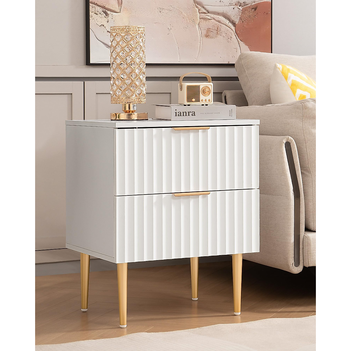 SICOTAS White Night Stand Set 2, Wide Fluted Nightstand with 2 Drawers, Modern Glossy Storage Bedside Table for Bedroom, End Side Table with Golden Metal Legs and Handles（2, White）