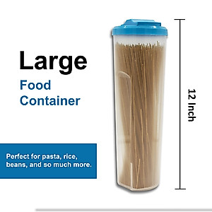 Kevo Tall Pasta Container Food Storage for Spaghetti, Noodle Cereal, Beans, Rice Keeper Plastic Tall Jar with Measuring (100g,200g) Lid (2-Pack(Blue-Green))