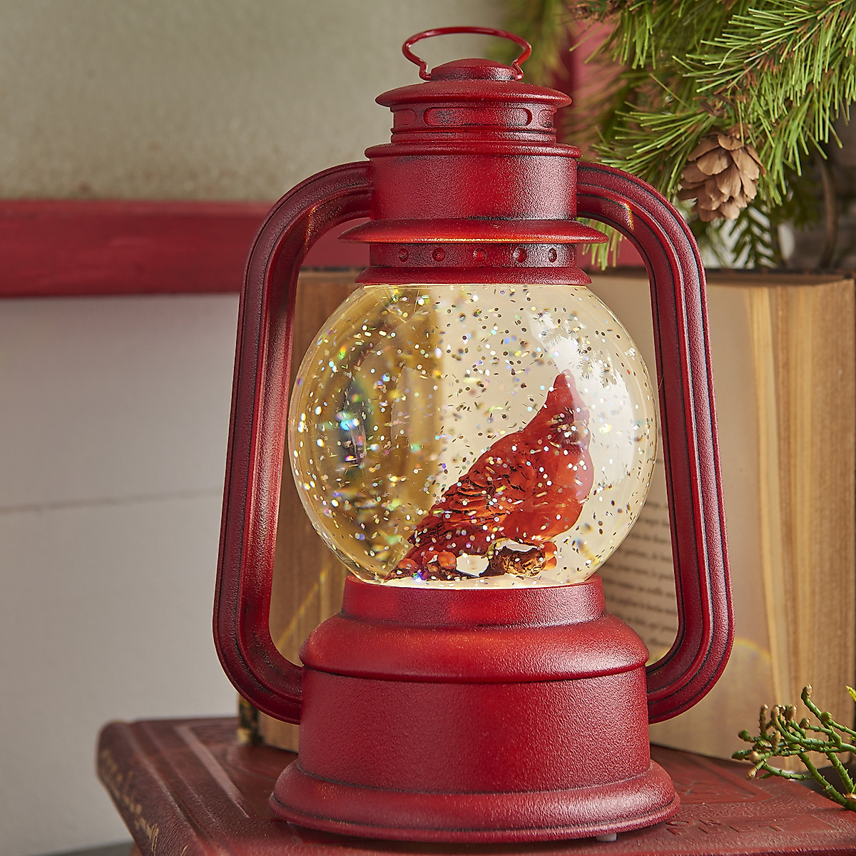 Raz Imports 9.5" Red Lighted Lantern with Cardinal Bird in Continuous Swirling Glitter Snowglobe Decor, 9.5 Inch, Battery Operated
