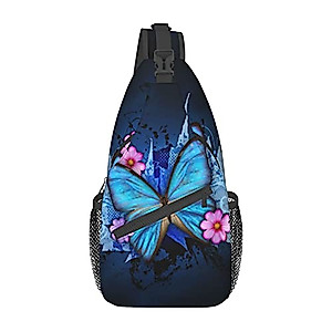 SURERUIM Blue Butterfly Sling Bag Crossbody Shoulder Backpack Blue Butterfly with Pink Flowers on Black Background Aesthetic Art Print Chest Bag Cute Insect Print Travel Hiking Daypack for Men Women