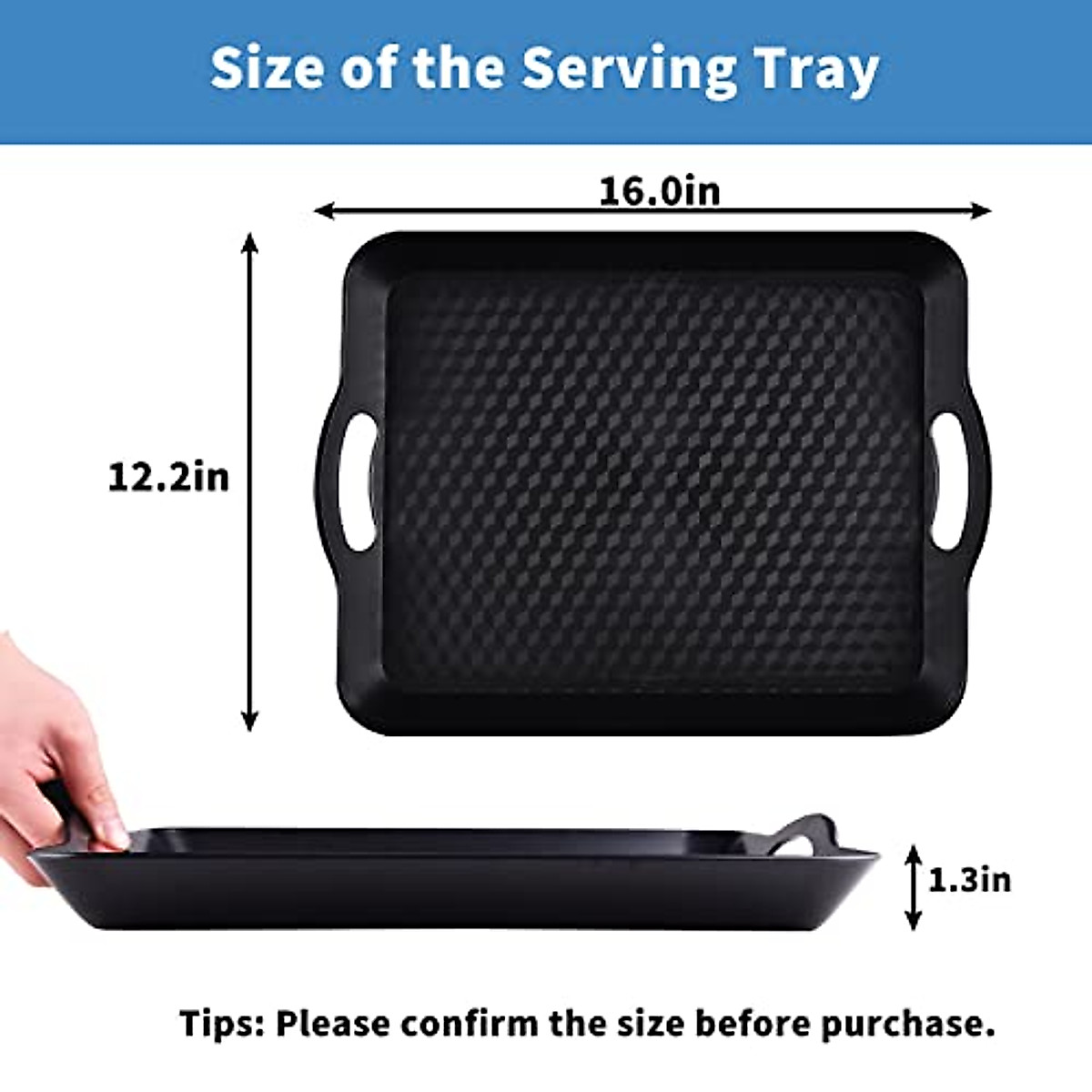 Plastic Tray with Handles, 2 Pack Multi-Purpose Rectangular Non Slip Restaurant Serving Trays Set for Parties, Coffee Table, Kitchen (12.2x16 inch)