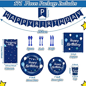 171 Pieces Happy Birthday Party Tableware Set Birthday Decoration Birthday Banner and Tablecloths Plates Cups Napkins Party Dinnerware for 24 Guests Party Supplies (Blue and Silver)