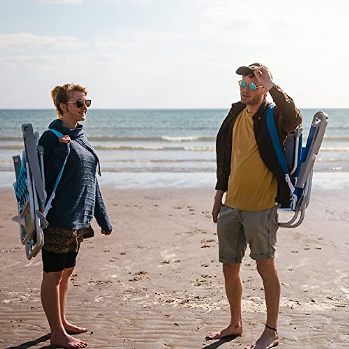 SUNNYFEEL Low Beach Chair 5 Position Lay Flat, Portable Folding Backpack Beach Chairs Heavy Duty with Cooler Bag, Cup Holder for Outdoor/Lawn/Trip/Picnic/Fishing, Foldable Camping Chair (New Blue)