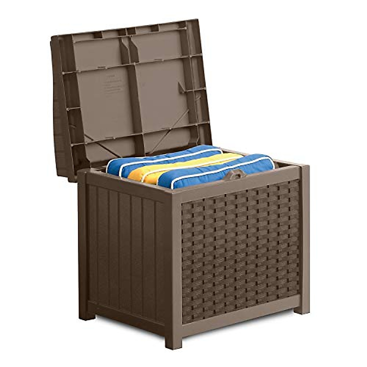 Suncast 22-Gallon Small Deck Box - Lightweight Resin Indoor/Outdoor Storage Container and Seat for Patio Cushions, Gardening Tools and Toys - Store Items on Patio, Garage, Yard - Mocha Wicker