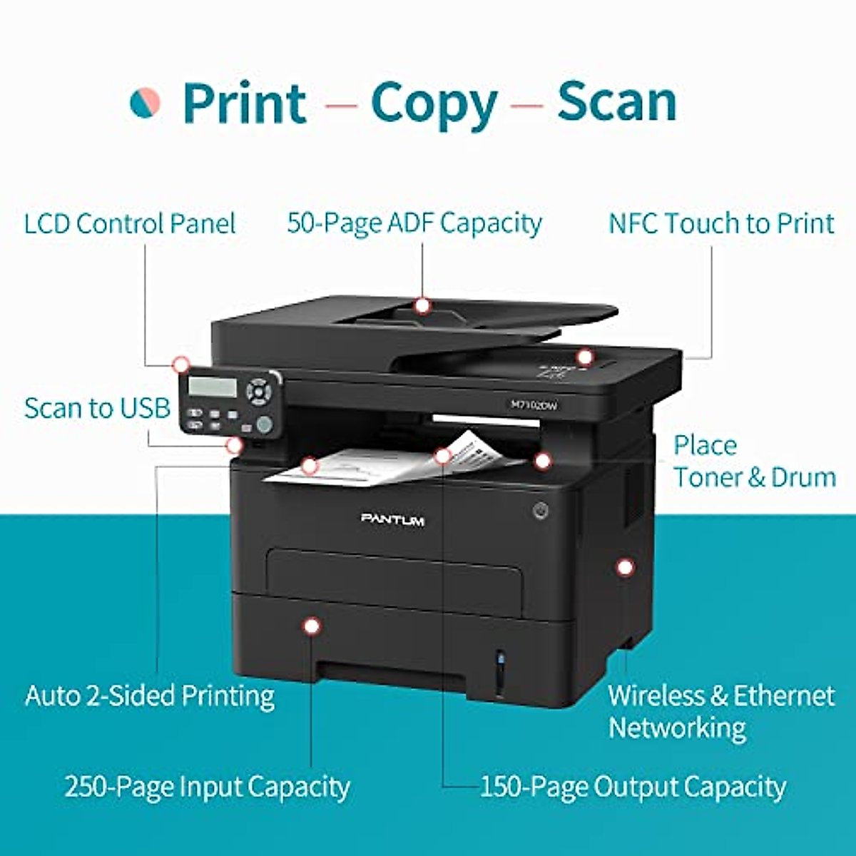 Pantum Wireless All-in-One Multifunction Laser Printer M7102DW, Print Copy Scan, (Monochrome) Black and White Only, Mobile Printing and Duplex Printing with 50-Sheet ADF, High Speed 35 PPM