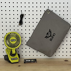 Buho Clamp Fan Accessory Bundle - Ryobi USB Fan Powerful Cooling Adjustable Head Multi-Directional Airflow 2 Speed Settings 135 CFM 7 Hours Runtime Clamping Capacity Zipper Pouch