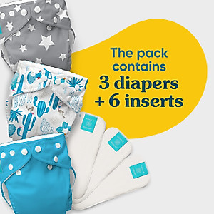 Charlie Banana Baby Washable and Reusable Cloth Diapers, 3 Soft Pocket Diapers and 6 Absorbent Inserts, One-Size, Under The Stars