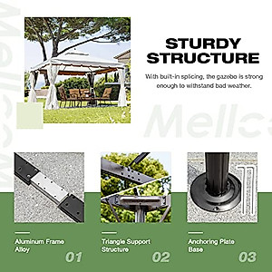 MELLCOM 10’ x 12’ Outdoor Gazebo Canopy, Aluminum Frame Soft Top Outdoor Patio Gazebo with Polyester Curtains and Air Venting Screens Cream