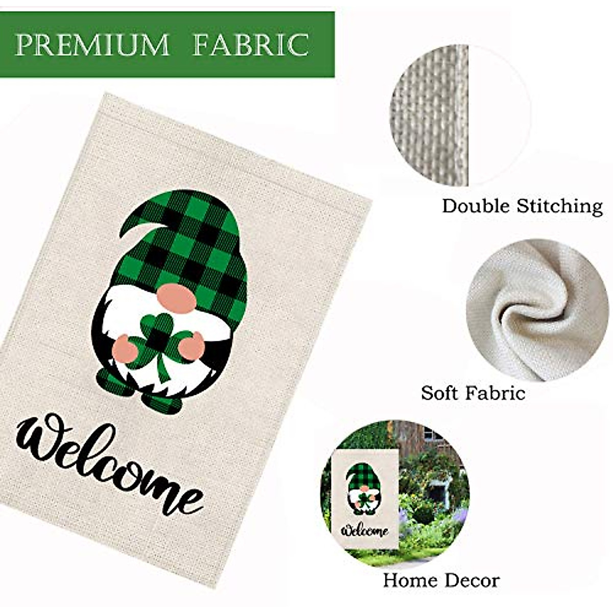 St Patricks Day Garden Flag Welcome Shamrocks Gnome Vertical Double Sided Gnomes Outdoor Yard Decoration 12x 18 Inch