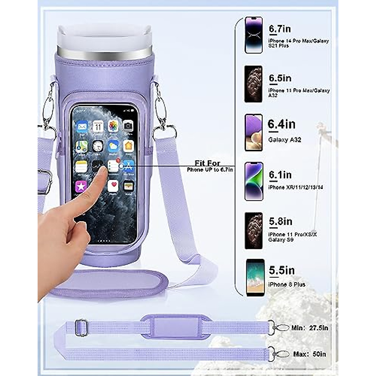 OriJoy Water Bottle Carrier Holder Pouch with Phone Pocket for Stanley Quencher H2.0 & Adventure 40 oz Tumbler, Protector Sleeve with Strap