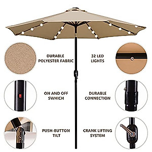 Sun-Ray 811001 9' Round 8-Rib Solar Lighted Patio Umbrella, 32 LED Lights, Push Button Tilt and Crank, Steel Frame, Taupe