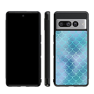 Blue Aqua Mermaid Scales Skin Black Rubber Phone Case Compatible With Google Pixel 8 Pro, 8a, 8, 7a, 7, Pixel 7 Pro, 6a, Pixel 6 Pro, 6, 5, 4a 5G, 4a 4G, 4, 4 XL, 3a, 3a XL, 3, 3 XL, 2 XL, 2
