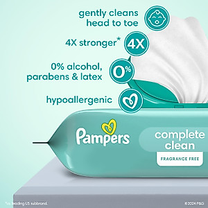 Baby Wipes, Pampers Baby Diaper Wipes, Complete Clean Unscented, 3 Refill Packs for Dispenser Tub, 216 Total Wipes