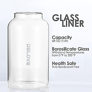 Delove 68 oz/2 Liter Glass Pitcher with Shatterproof Shell - Heat Resistant Glass Liner - Stainless Steel Lid - Carafe & Jug for Iced Tea,Hot/Cold Water,Homemade Juice Beverages (Black)