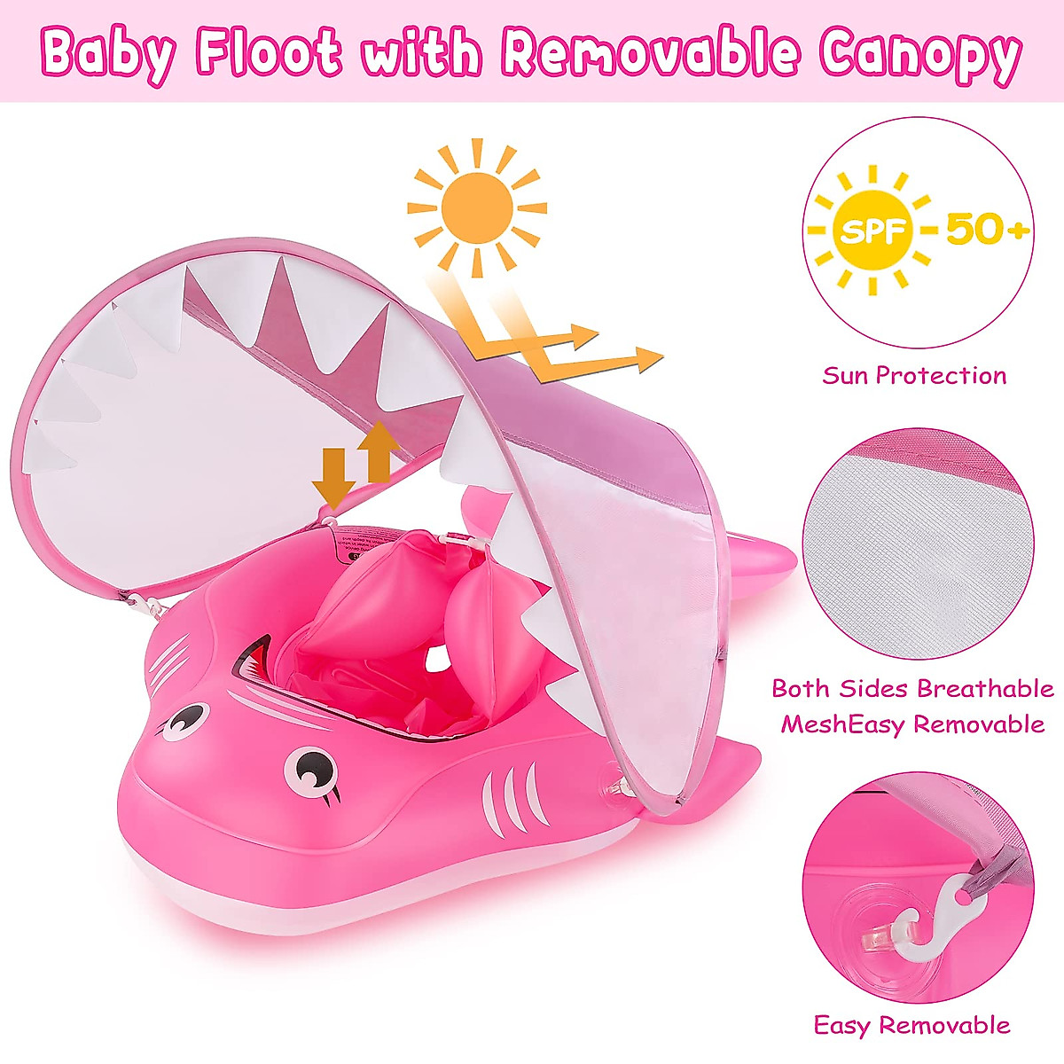 Baby Pool Float, Infant Swimming Float with Sun Protection Canopy Inflatable Floaties for Toddlers Shark Baby Swim Floats Ring for Pool Bath Toys for Newborn 3-36 Months