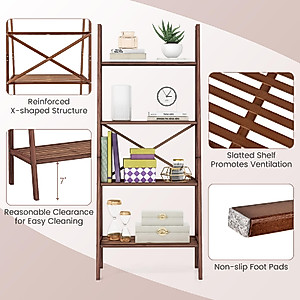 Giantex 4-Tier Bamboo Bookshelf, Indoor Free Standing Plant Stand Display Rack w/Anti-Tipping Device, Corner Bamboo Ladder Shelf for Small Space, Living Room, Kitchen, Bedroom, Office, Walnut