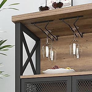 LVB Wine Bar Cabinet, Industrial Sideboard Buffet/Coffee Bar Cabinet for Liquor and Glasses, Farmhouse Metal Wood Rack Cabinet for Home Living Dining Room Kitchen, Rustic Oak, 47 Inch