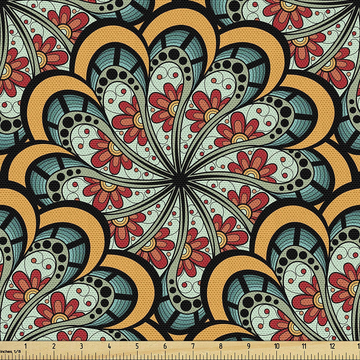 Ambesonne Mandala Fabric by The Yard, Flourishing Nature Design with Paisley Motif Bohemian Pattern, Decorative Fabric for Upholstery and Home Accents, 1 Yard, Marigold Seafoam