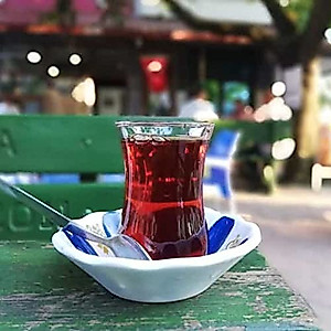 Hakan Traditional Melamine Turkish Teacup Saucers, Authentic Design Tea Glass Plates, Non-Breakable, 6 Pcs, 3.9 in (Blue)