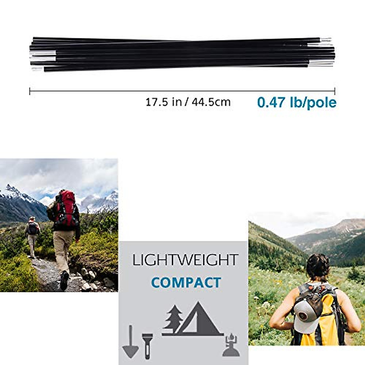 Pre-Assembled Aluminum Tent Pole 12ft 1.4in 8.5mm, Lightweight Tent Poles Replacement, BRILLIANCE4U 7001 T6 Tent Rod, Outer Dia. 0.33" 1 Pole Pack