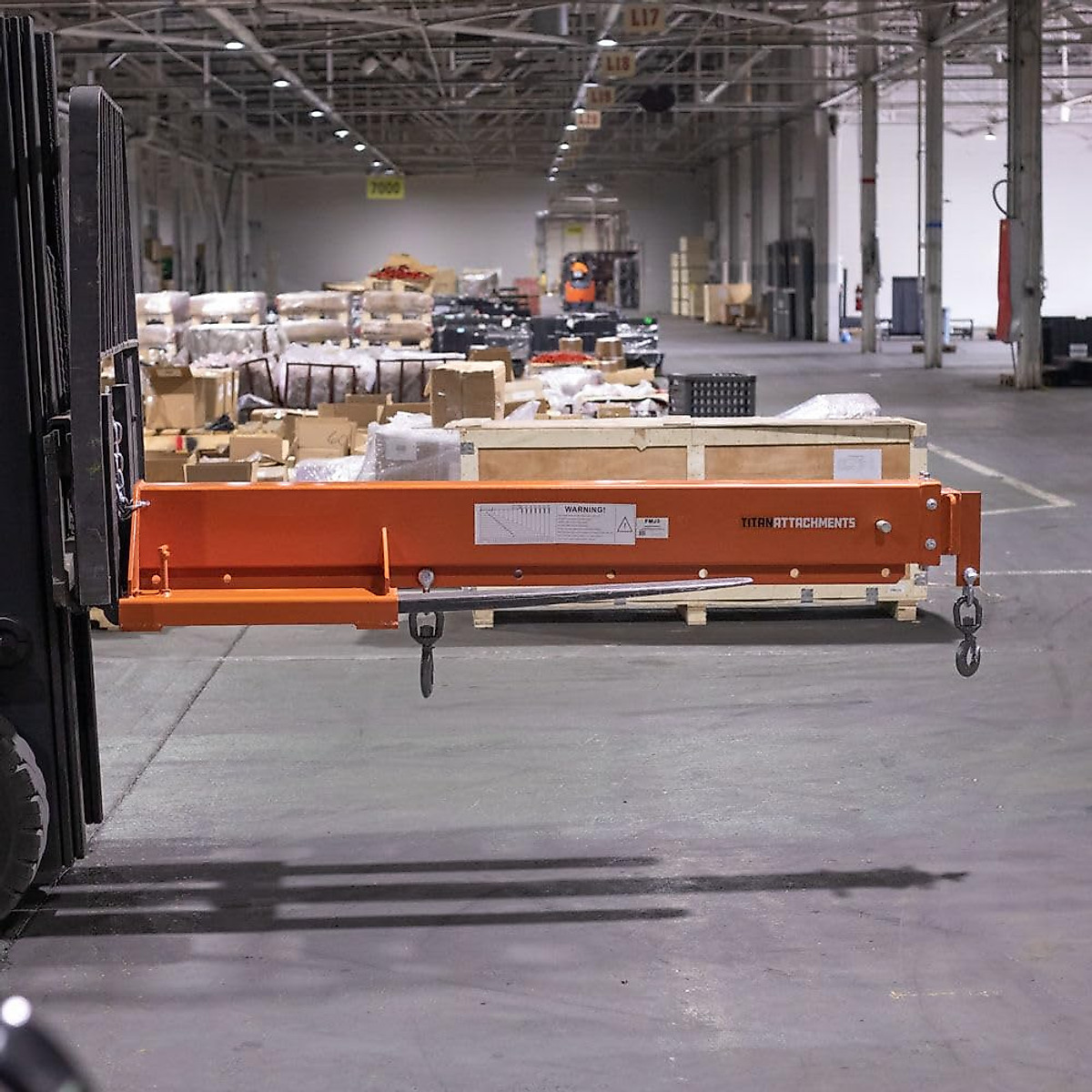 Titan Attachments Fork Mounted Adjustable Hoist Jib Boom Crane, Manual Telescopes 79"-147", 6000 LB Lift Capacity, Two 3 Ton Swivel Hooks, Ideal for Warehouse or Factories