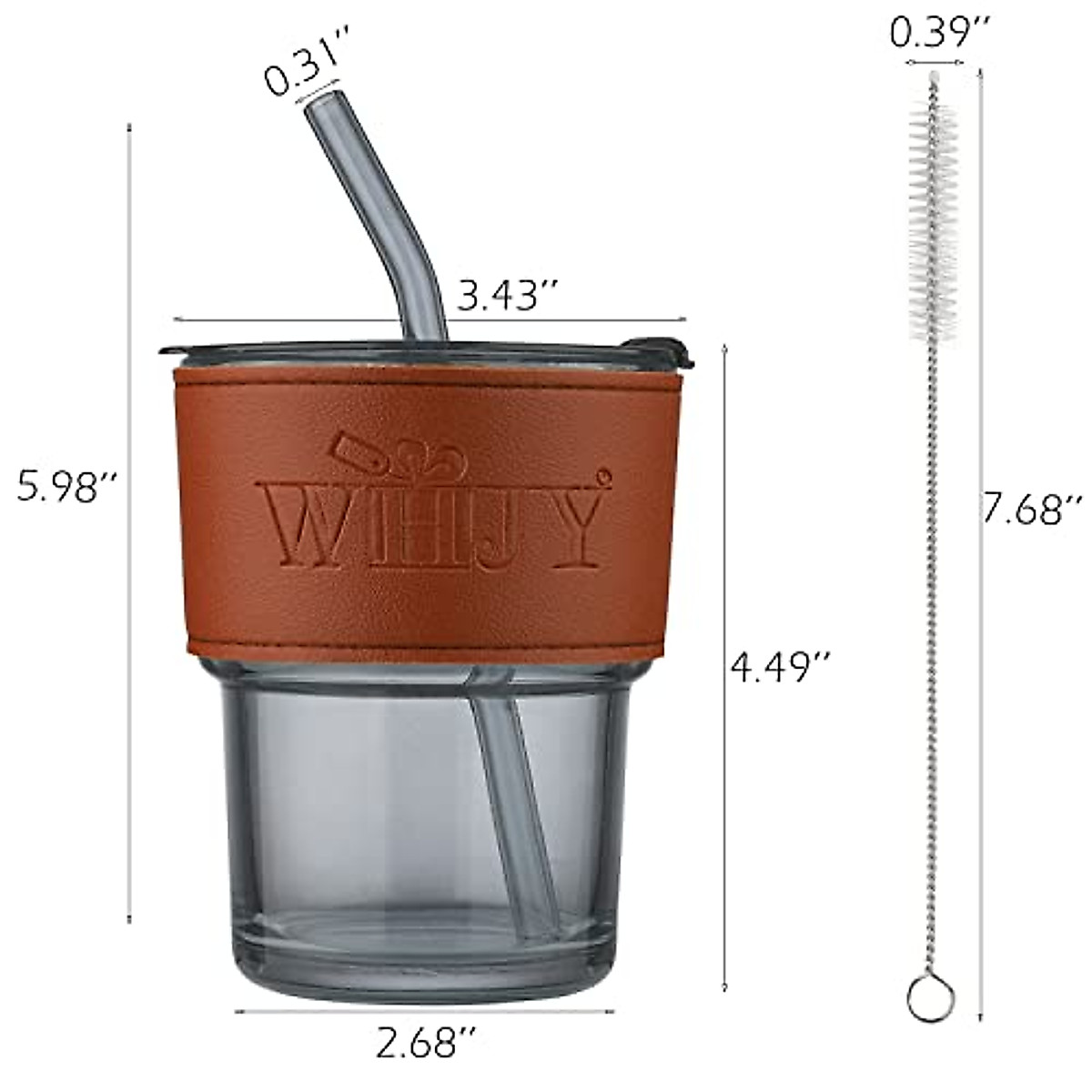 WHJY 13oz Glass Tumbler with Straw and Lid, Glass Water Bottle with Sleeve To Go Coffee Mug Cups with Lids Reusable - Grey