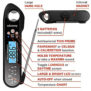 Juseepo Instant Read Waterproof Meat Thermometer - 2s Instant Read Ultra Fast Cooking Thermometer with Backlight & Calibration.Best Kitchen Food Thermometer for Cooking, Outdoor Grill and BBQ(Black)
