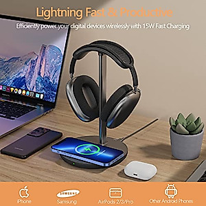 Headphone Stand with Wireless Charger, Gaming Headset Holder Hanger Rack 2 in 1 Wireless Charging Station Dock for iPhone 14/13/12/11 Series, Samsung, AirPods Pro/3/2 and Desk All Headphones, Black