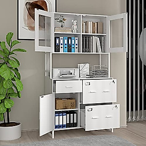 PAKASEPT 3 Drawers Lateral File Cabinet with 2 Lock, Letter/Legal/A4 Size, Large Modern Filing Cabinet Printer Stand with Doors and Storage Shelves for Home Office,White