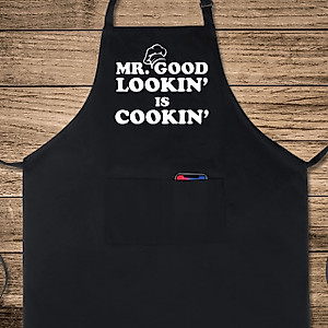 Xornis 100% Cotton Funny Aprons for Men Mr. Good Looking is Cooking Kitchen Grill BBQ Adjustable Bib Aprons with 2 Pockets Gifts for Dad Father's Day Birthday Anniversary