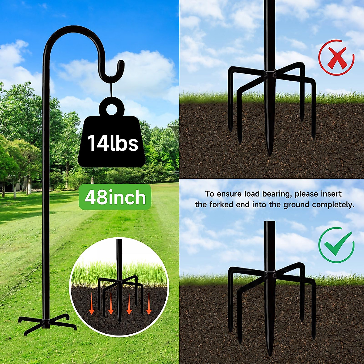 Garden Shepherd Hook Outdoor with 5 Prong Base, Bird Feeder Pole Hanger Holder Stand, Adjustable Heavy Duty Solar Light Plant Lantern Hanger Holder, Wedding Decor Black