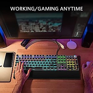 Fiodio Mechanical Gaming Keyboard, LED Rainbow Gaming Backlit, 104 Anti-ghosting Keys, Quick-Response Black Switches, Multimedia Control for PC and Desktop Computer, with Removable Hand Rest