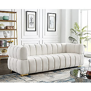 Meridian Furniture Gwen Collection Velvet Upholstered Sofa with Deep Biscuit Tufting, Cream