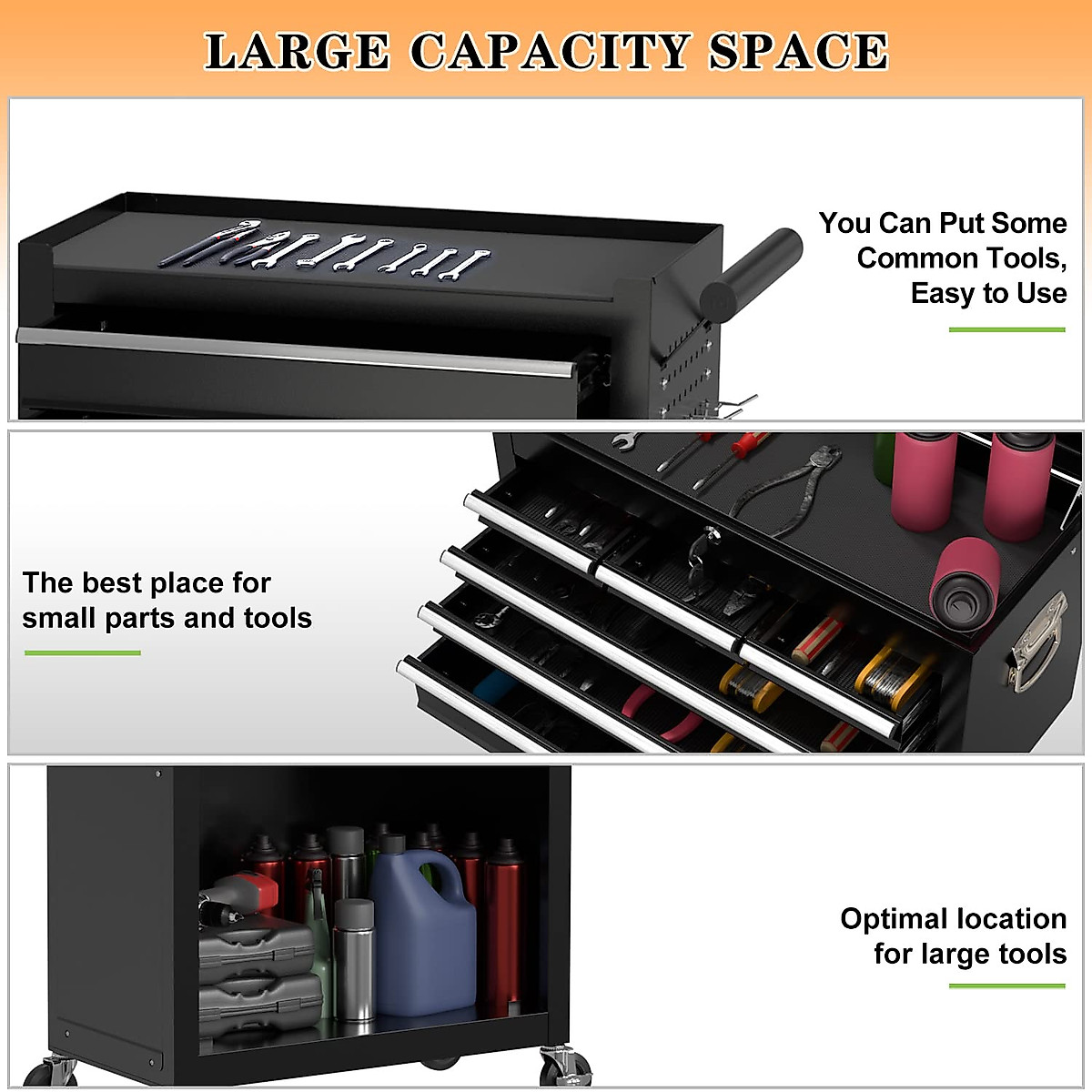 DUSACOM 8-Drawer High Capacity Rolling Tool Chest, Removable Cabinet Storage Tool Box with Wheels and Drawers, Detachable Toolbox with Lock for Workshop Mechanics Garage (Black)
